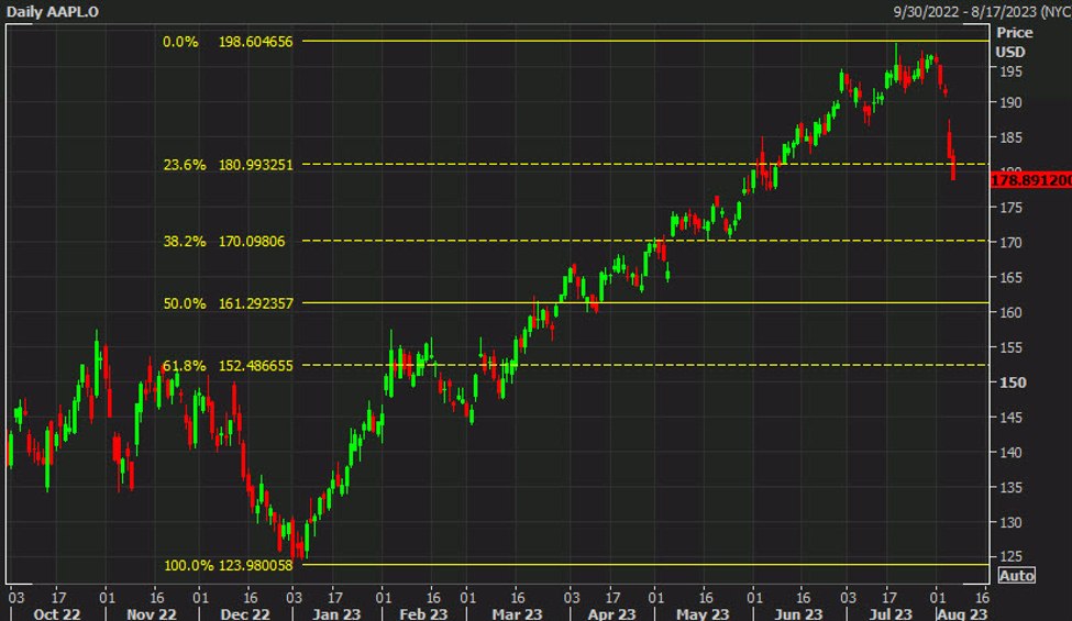 AAPL stock continues to fall. Here's a level to watch | investingLive