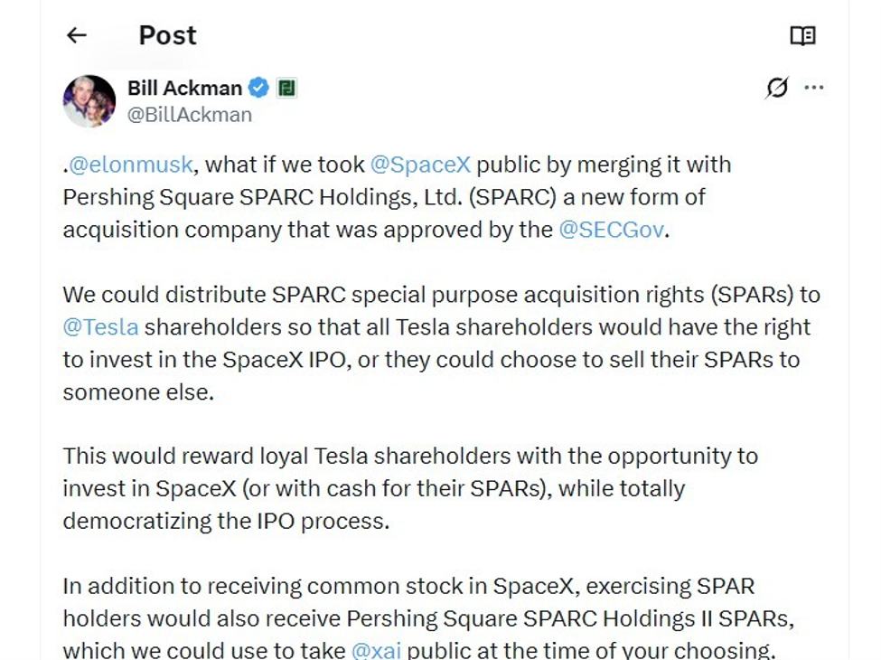 Ackman pitches radical SPARC deal to Elon Musk to take SpaceX public ...