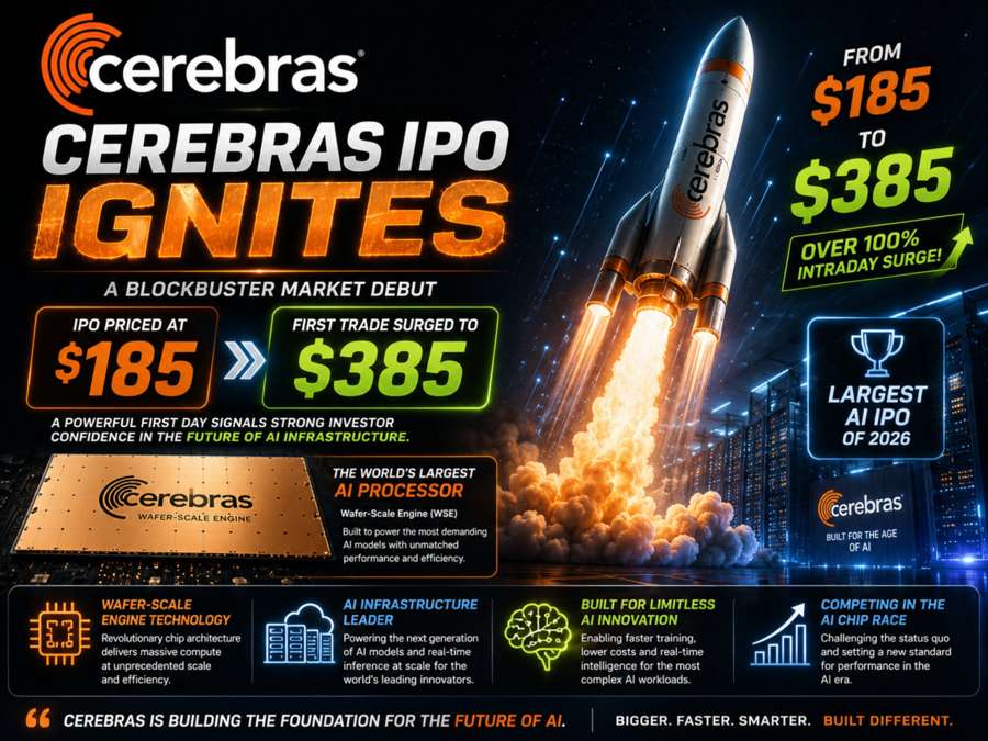 Cerebras opens at $385. IPO price was $185 raising $5.5B at the IPO ...