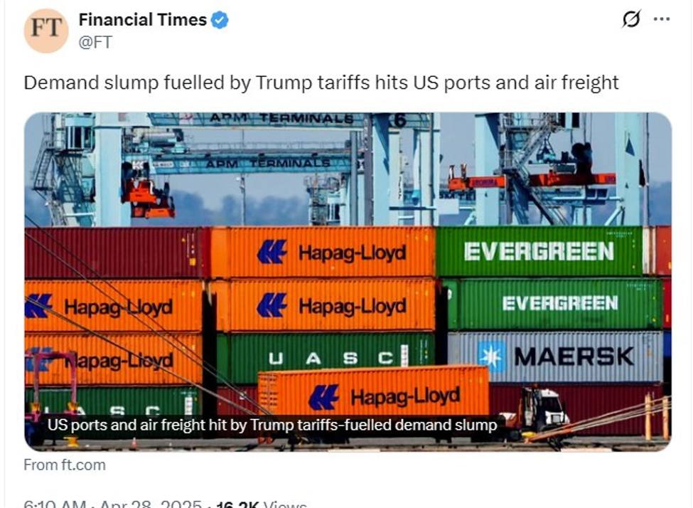 Financial Times on "Demand slump fuelled by Trump tariffs hits US ports ...