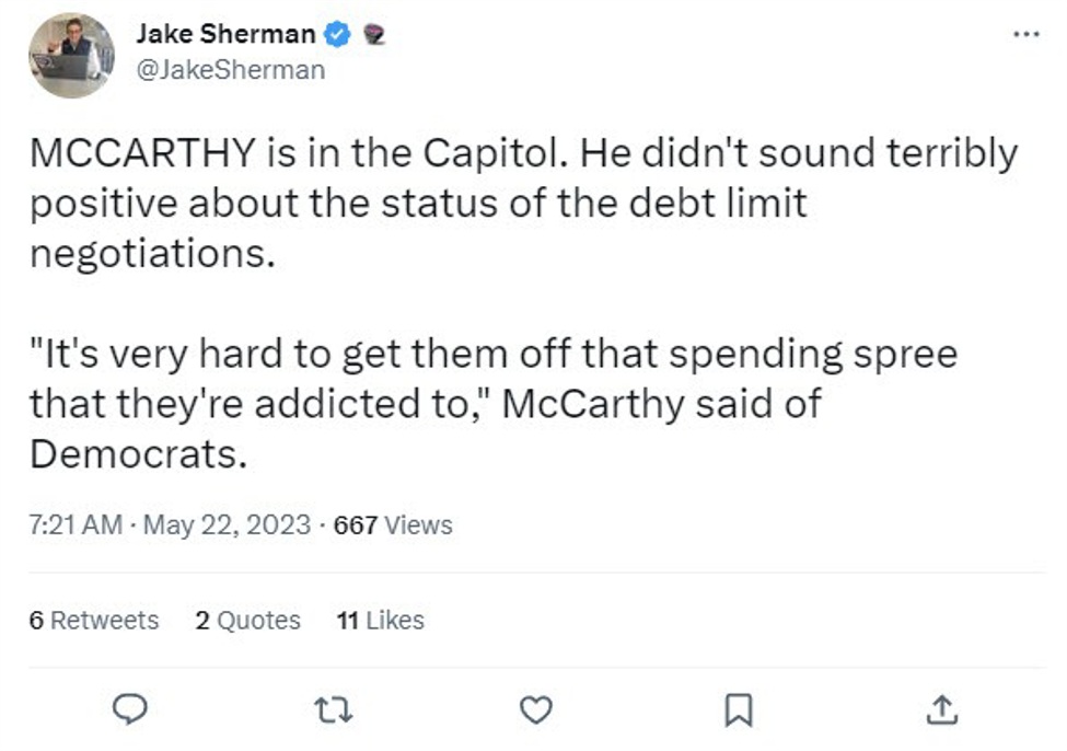 McCarthy not positive above debt limit negotiations | investingLive