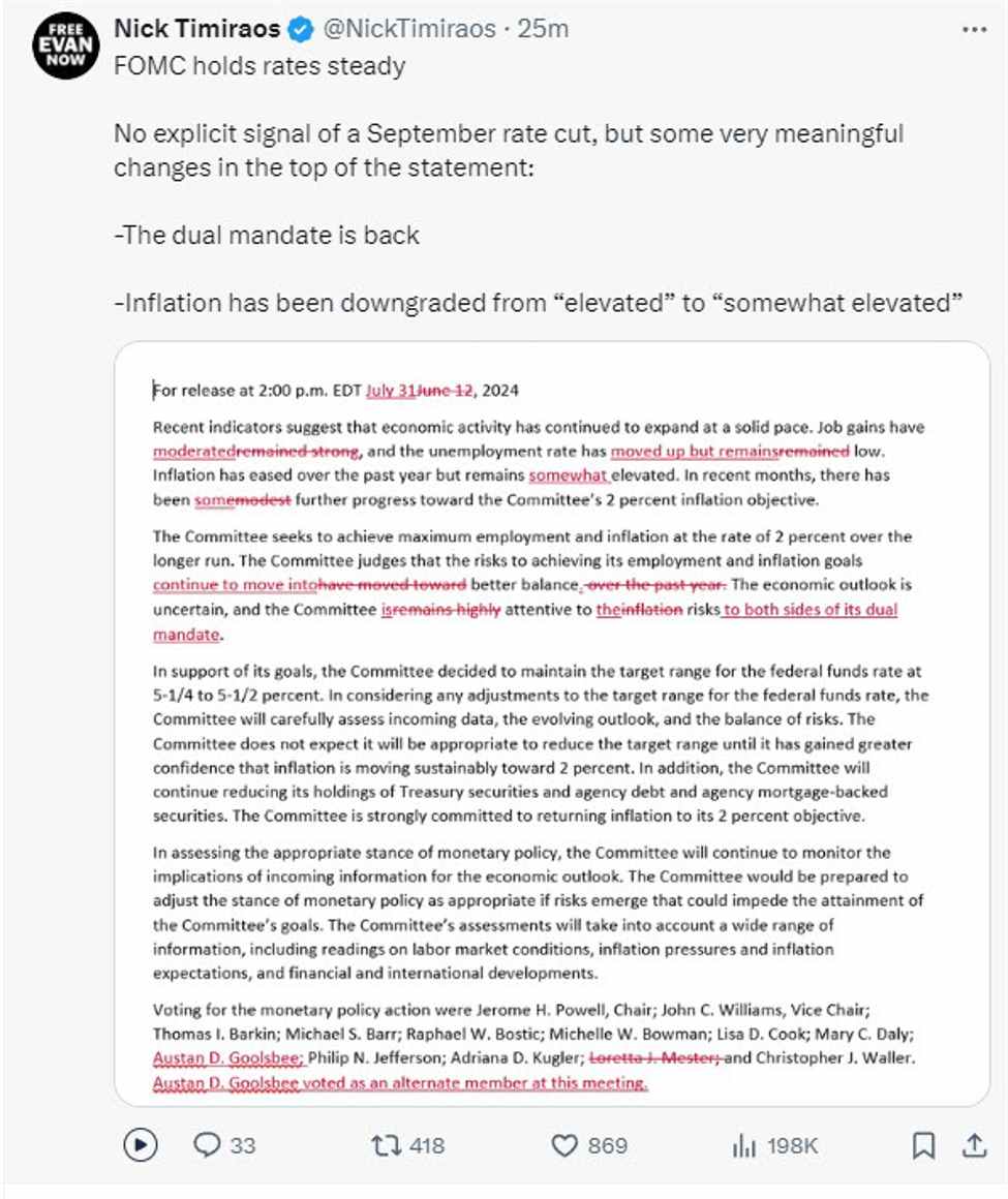 Comparing the July FOMC statement to the June FOMC Statement ...
