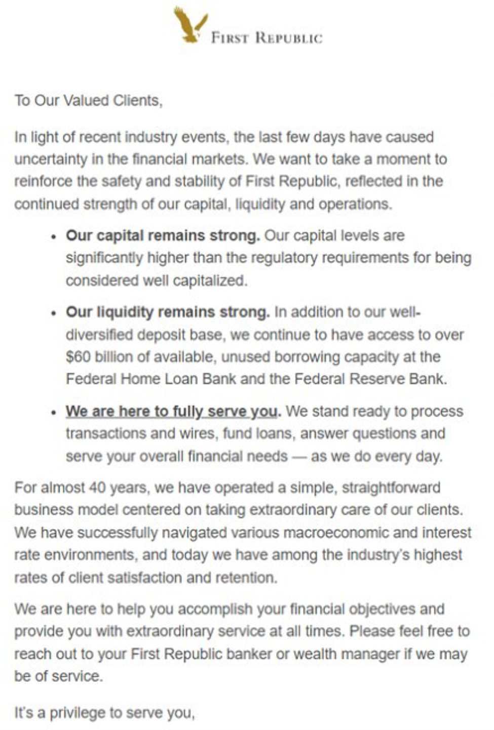 First Republic assures clients of continued strength of capital ...