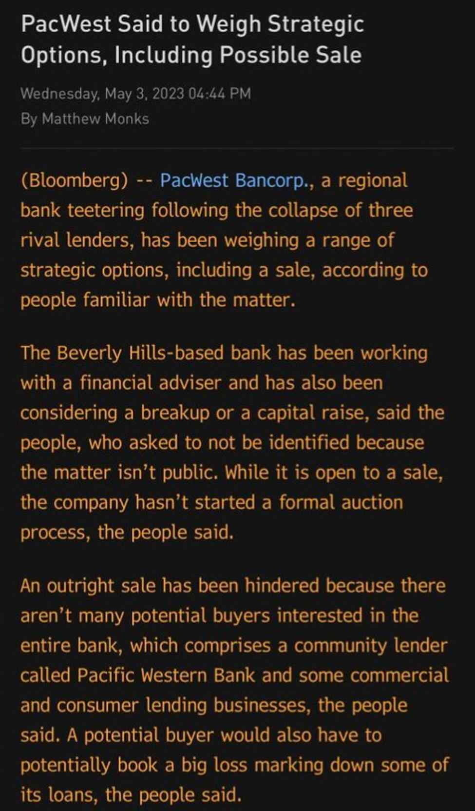 US regional bank PacWest is considering strategic options, including a ...