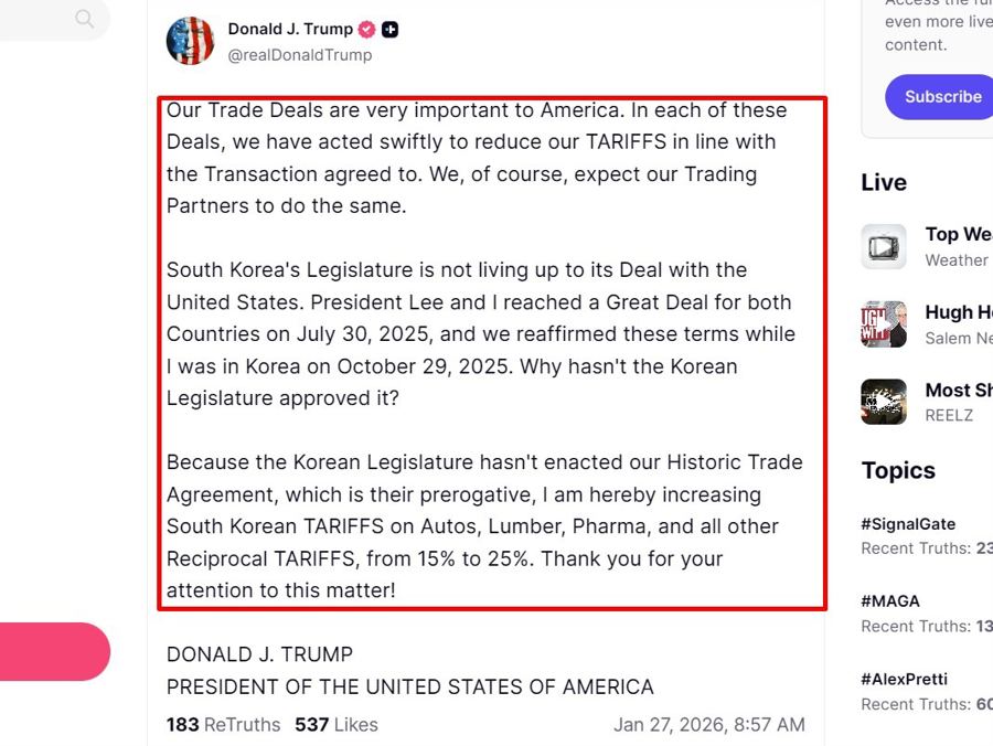 Trump hikes South Korea tariffs to 25%, citing stalled trade deal ...