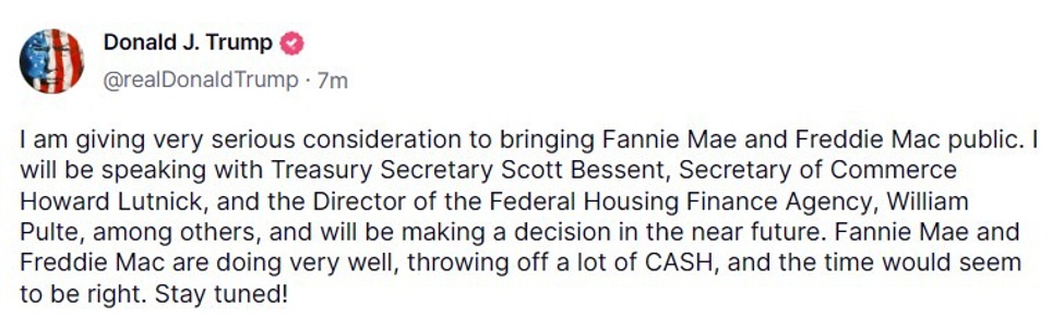 Trump says seriously considering bringing Fannie Mae, Freddie Mac ...
