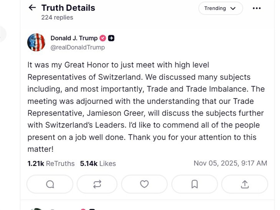 Trump meets Swiss officials, signals progress on tariff dispute ...